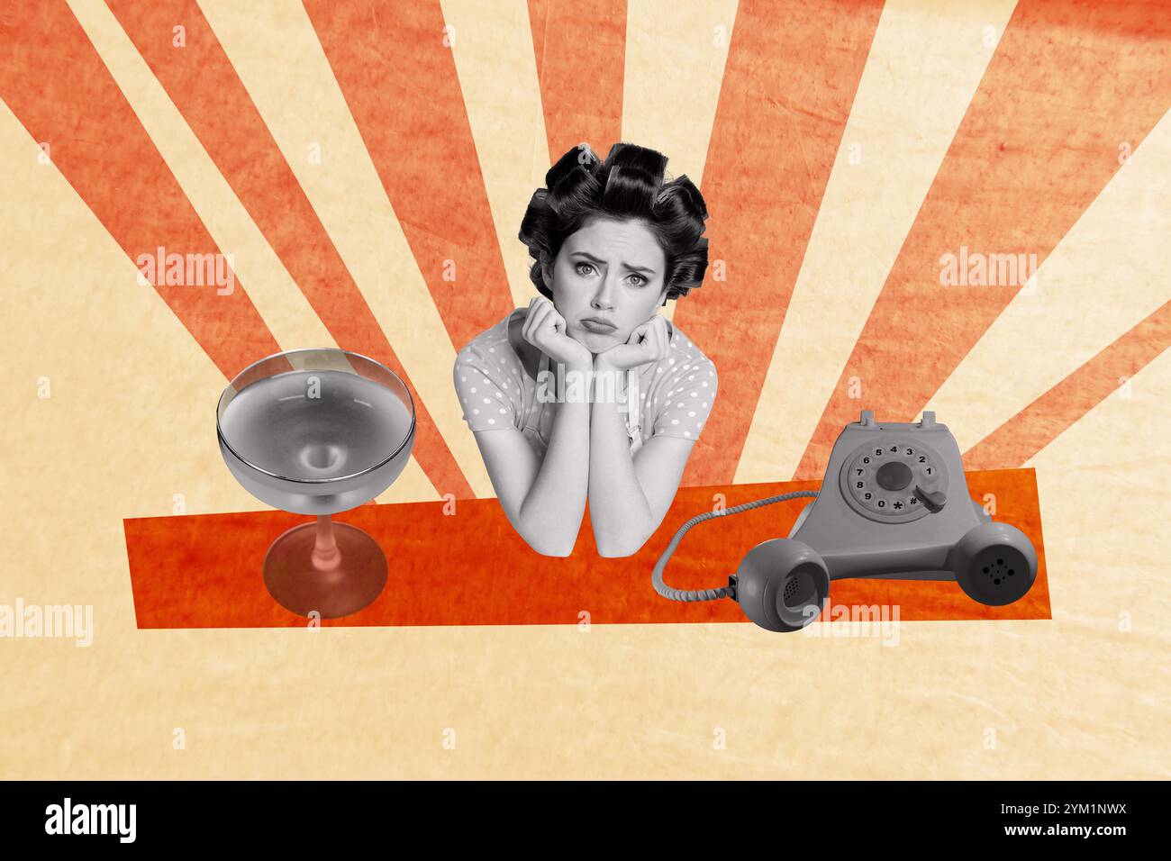 Composite photo collage of sad housewife sit cocktail glass telephone ...