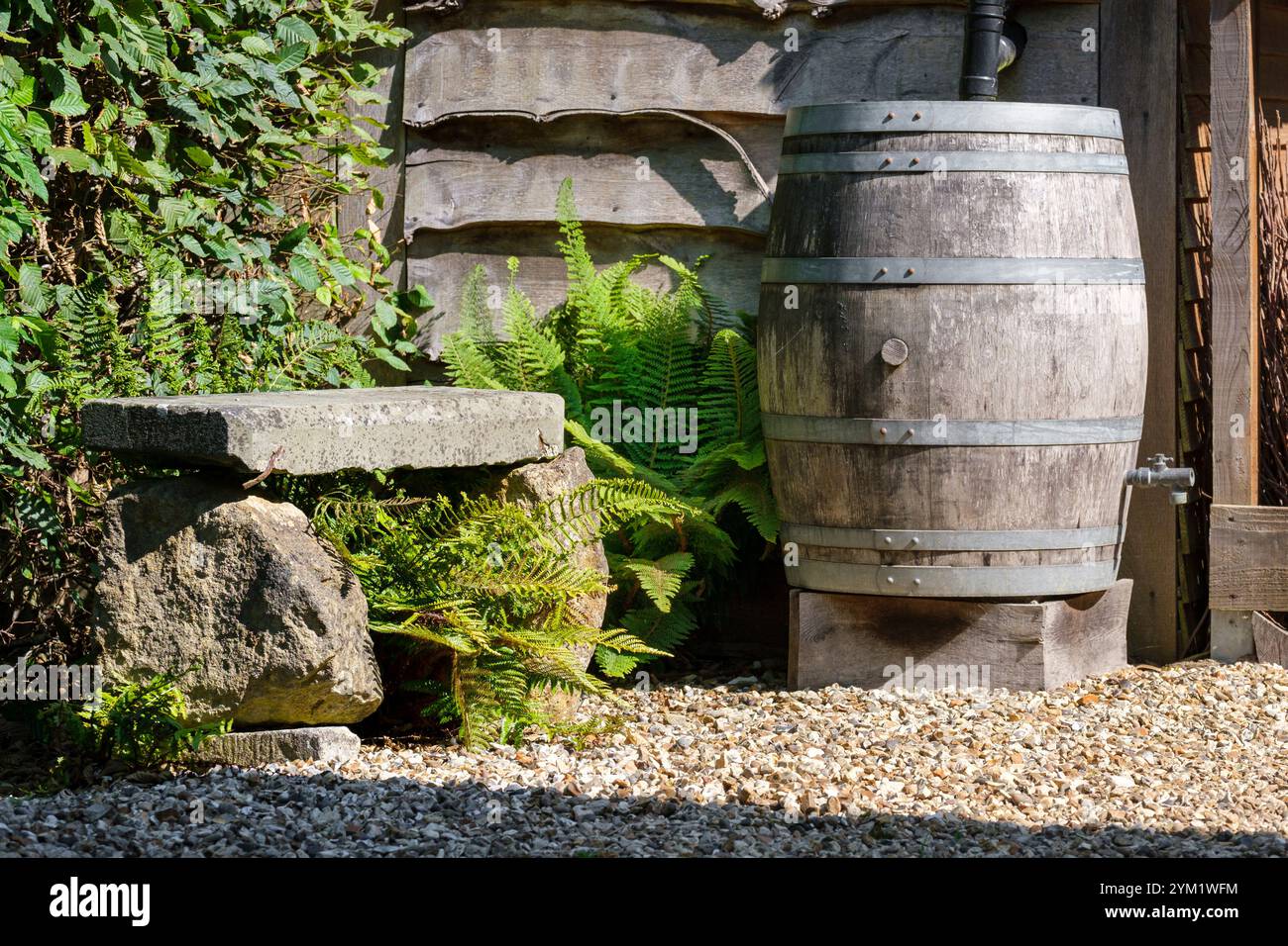 A garden in the Cotswolds, UK, with an old wooden barrel and stone ...