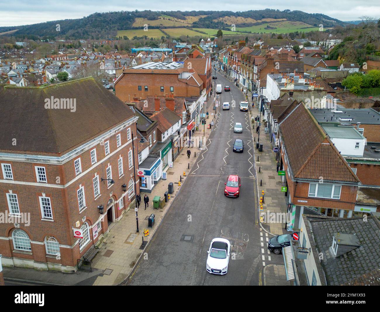DORKING, SURREY- FEBRUARY, 2024: Aerial view of Dorking, a market town ...