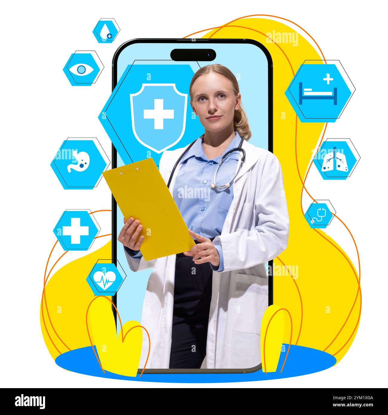 Contemporary art collage. Female doctor in white coat standing in ...