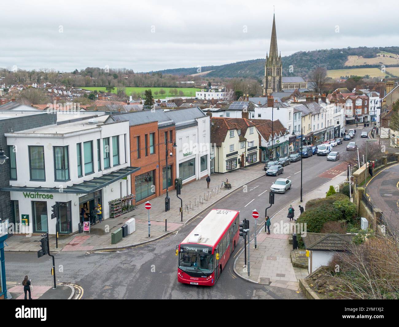 DORKING, SURREY- FEBRUARY, 2024: Aerial view of Dorking, a market town ...