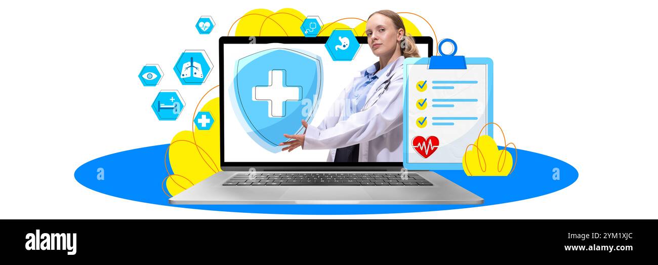 Banner. Contemporary art collage. Doctor presenting shield icon on ...