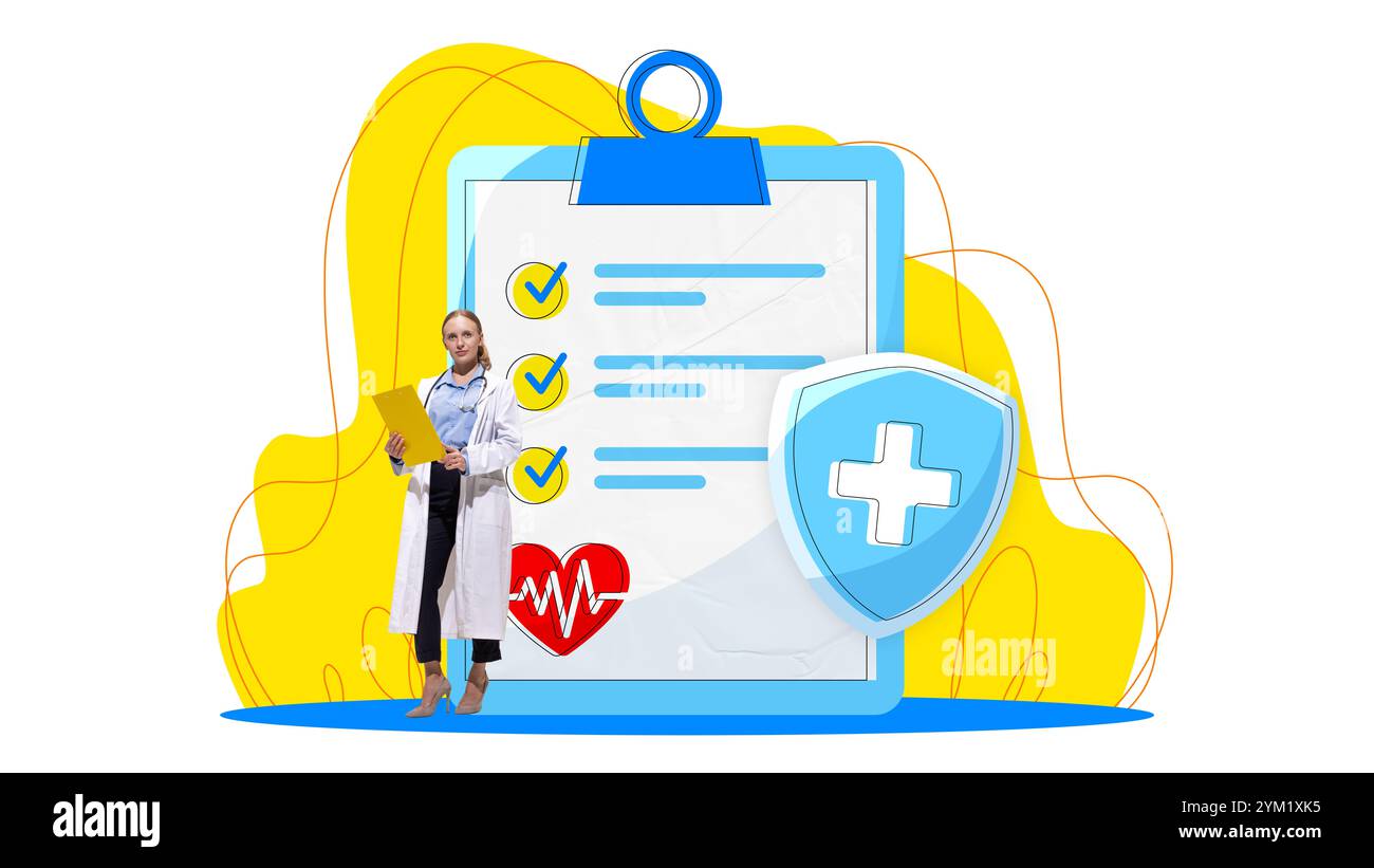 Contemporary art collage. Female doctor presenting health insurance ...