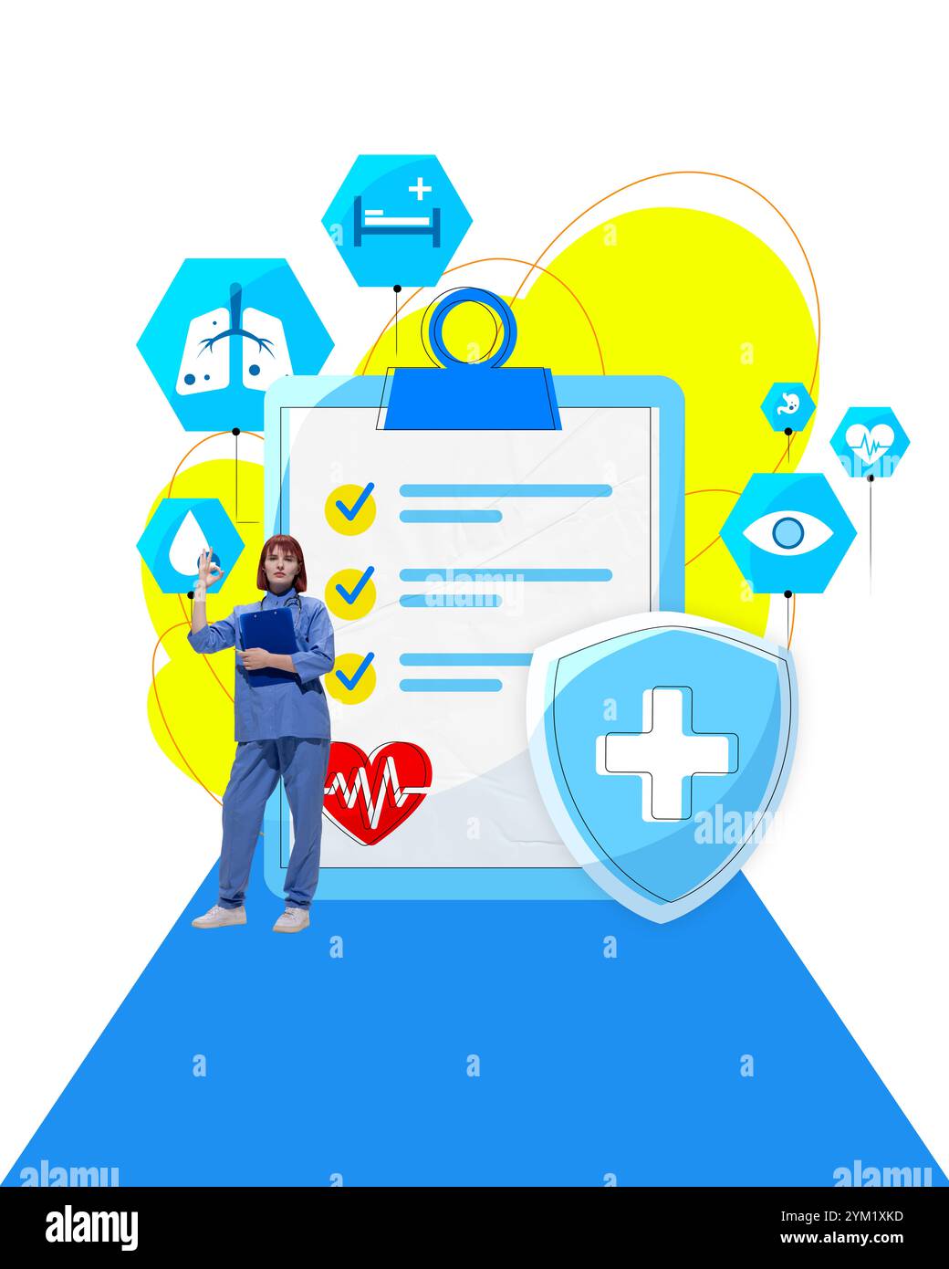 Contemporary art collage. Nurse holding clipboard next to checklist and ...