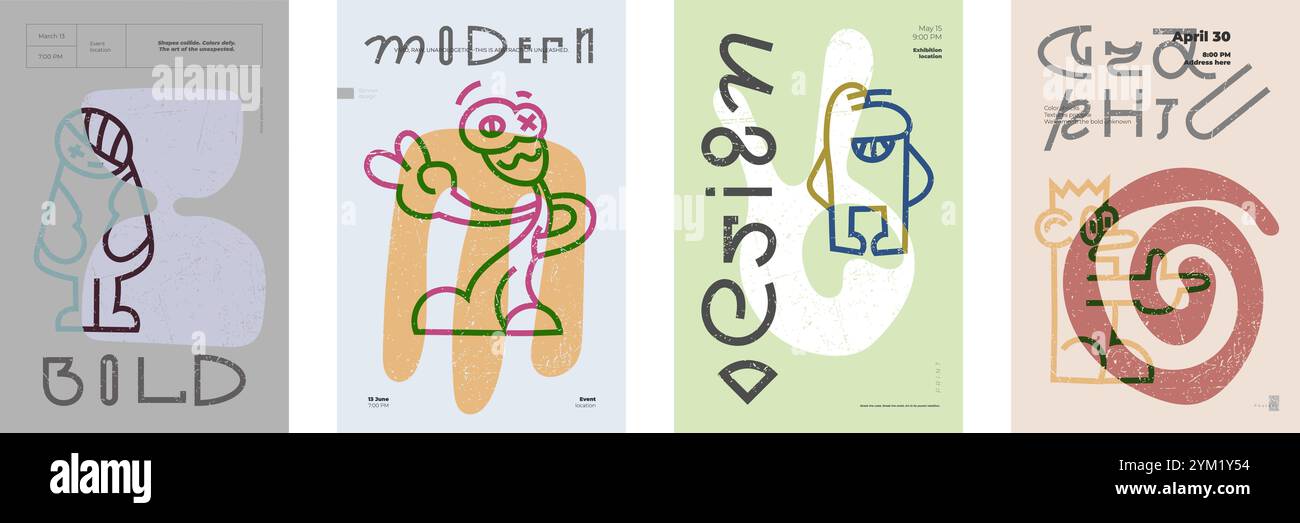 Bold abstract poster set featuring quirky linear characters and ...