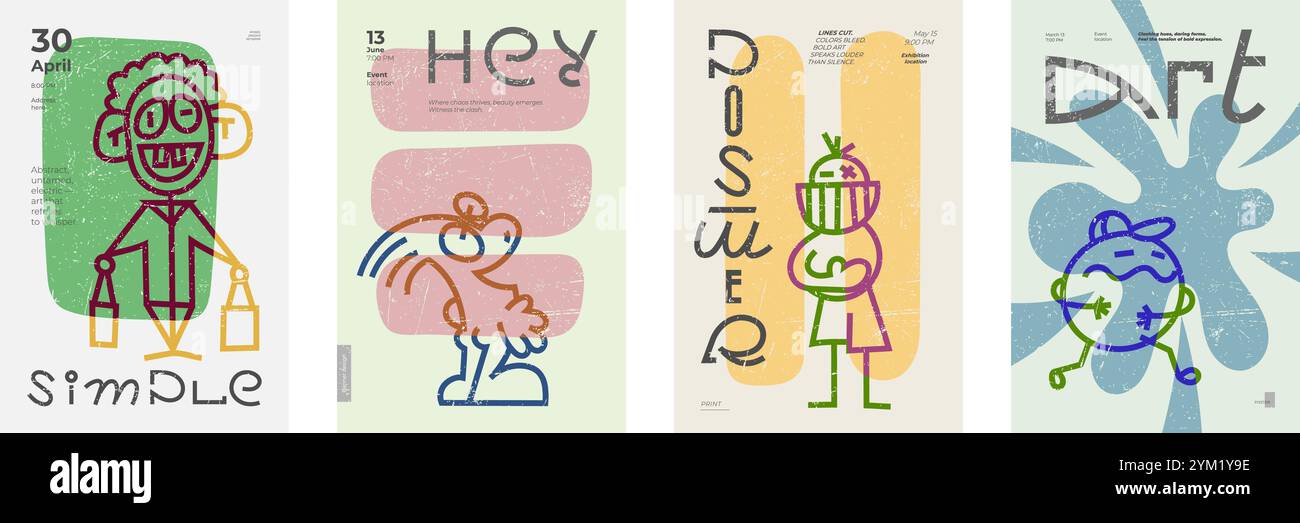 Bold abstract posters with playful linear characters, creative ...