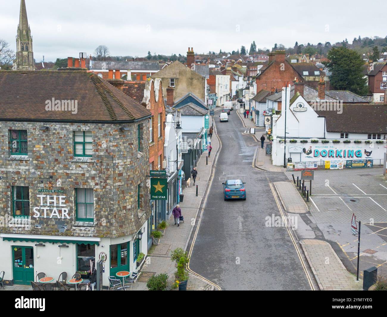 DORKING, SURREY- FEBRUARY, 2024: Aerial view of West Street in Dorking ...