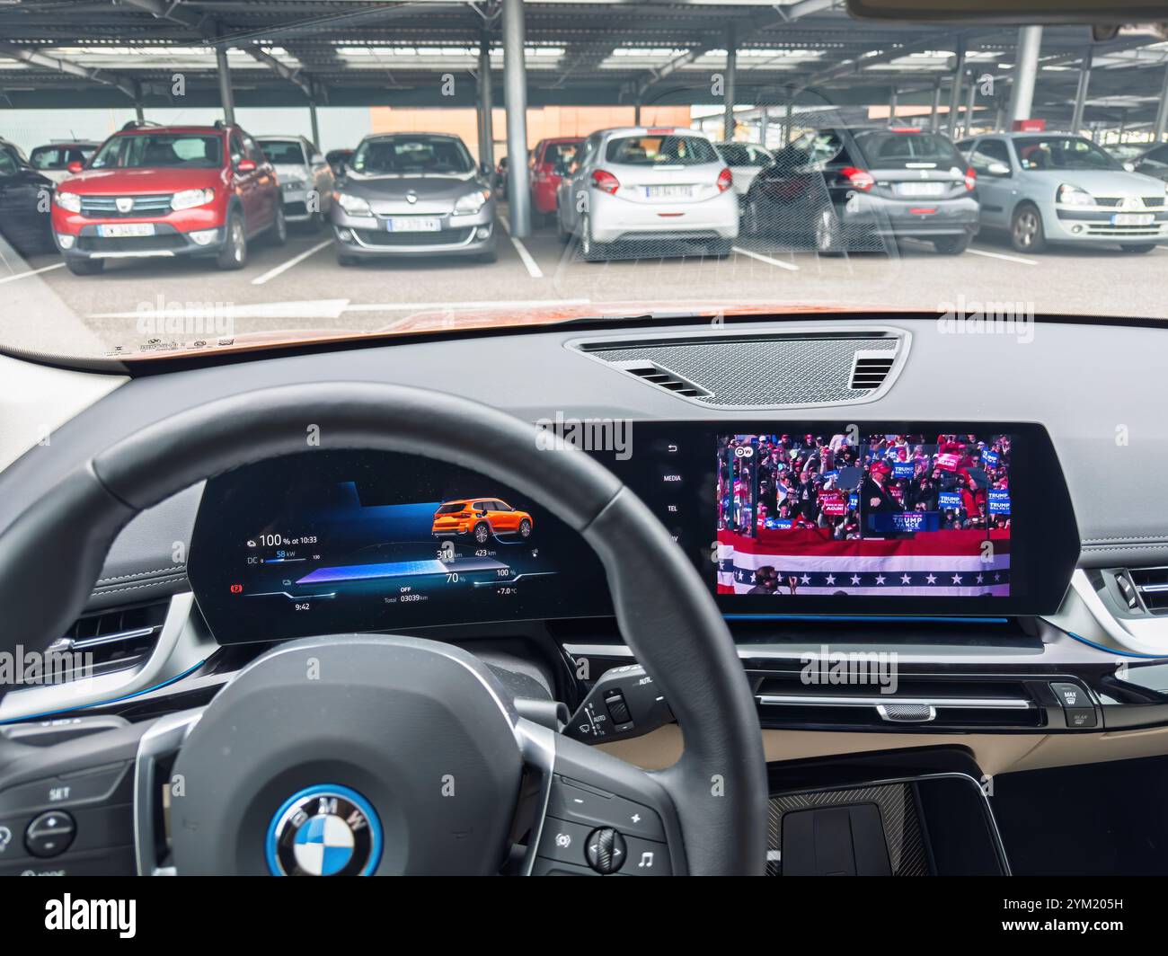 Paris, France - Nov 4, 2024: Interior view of an electric BMW car ...