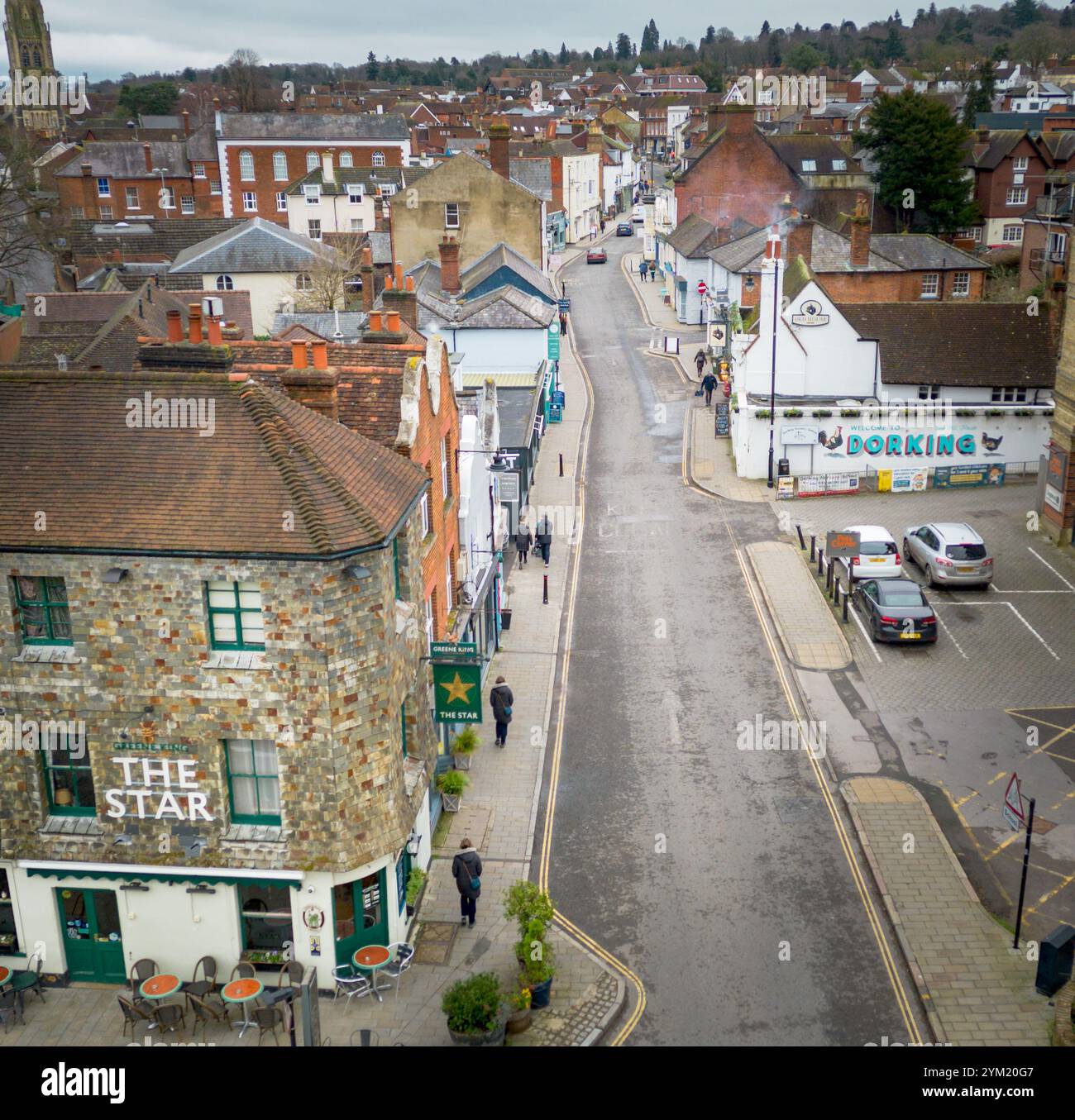 DORKING, SURREY- FEBRUARY, 2024: Aerial view of West Street in Dorking ...