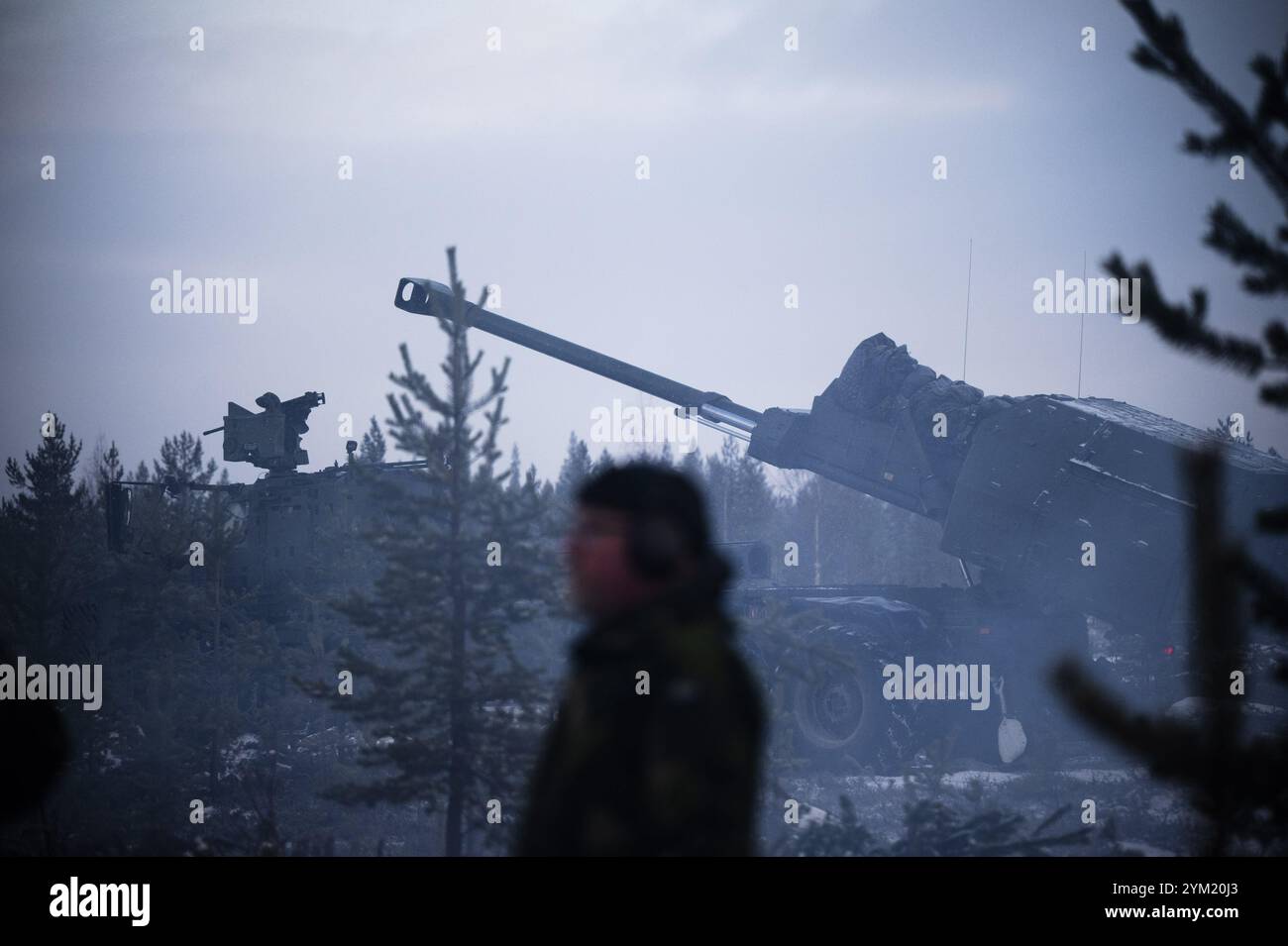 A Swedish Archer Wheeled self-propelled howitzer fires during the Exercise Lightning Strike 24 ...