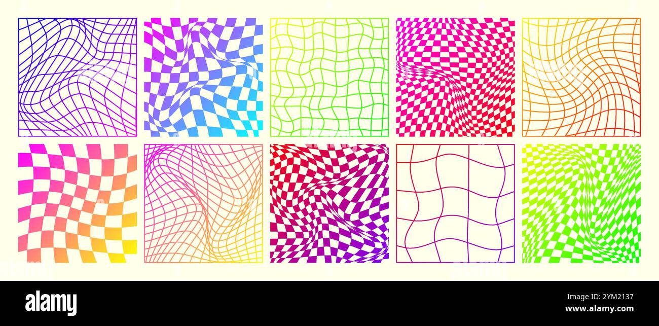 Groovy checkered pattern, neon distorted tiled grid. Vintage wavy ...