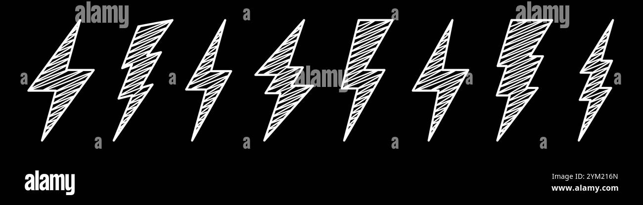 Hatched lightning bolt icons collection. Hand drawn flash symbol ...