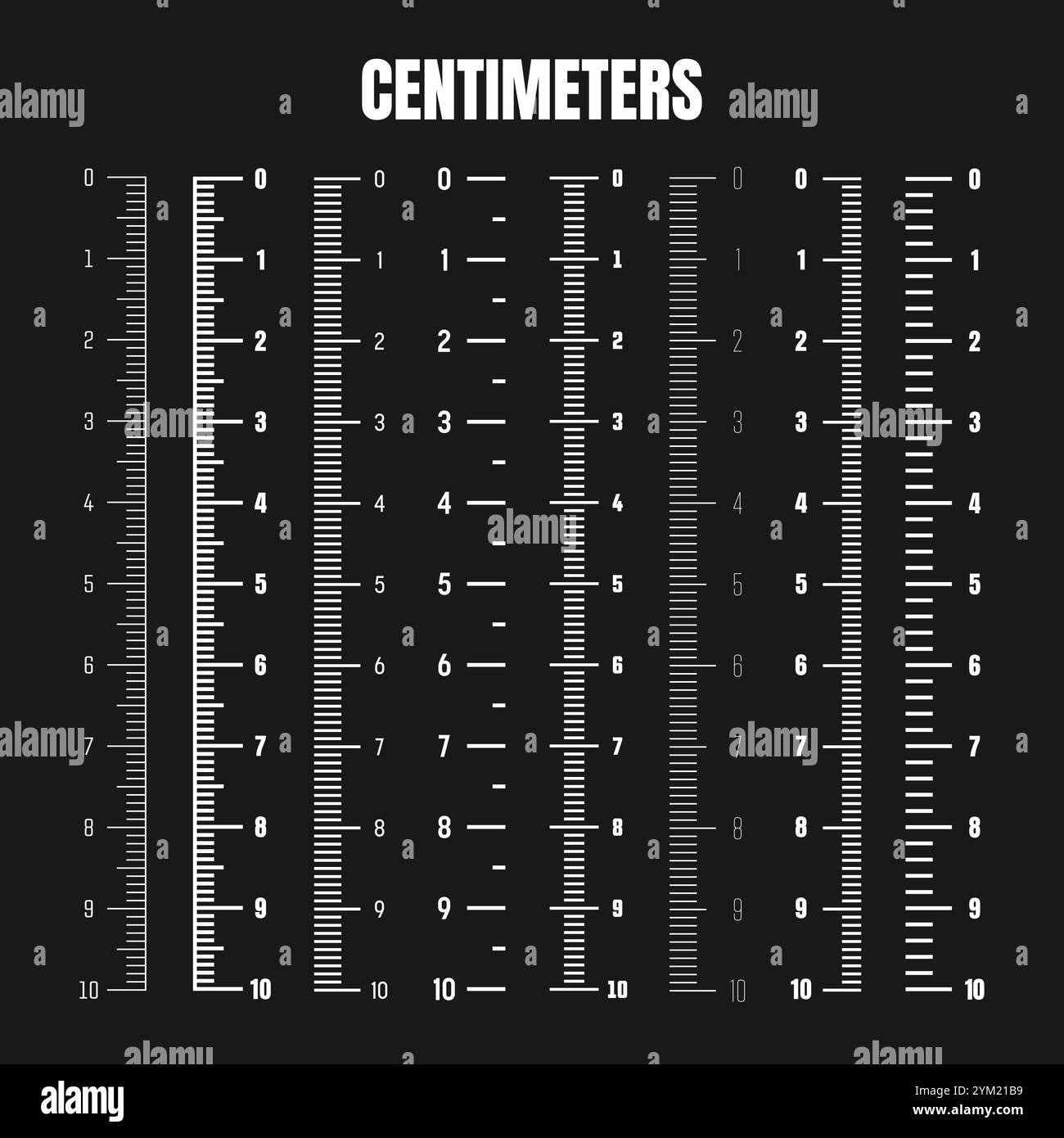 Vertical centimeter scale for measuring length or height. Various ...