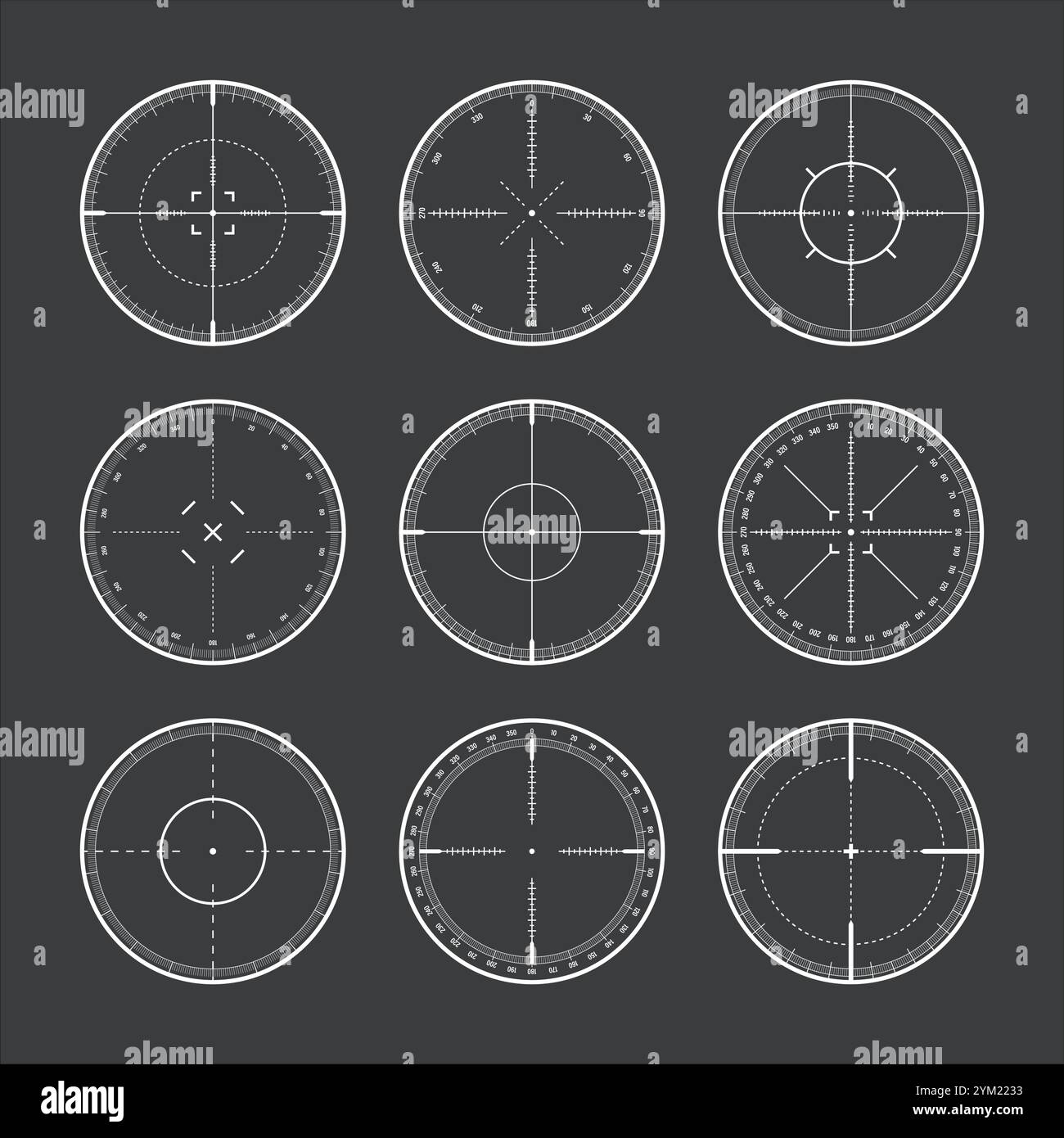 Various sniper rifle sights with degree scale, weapon optical scope ...