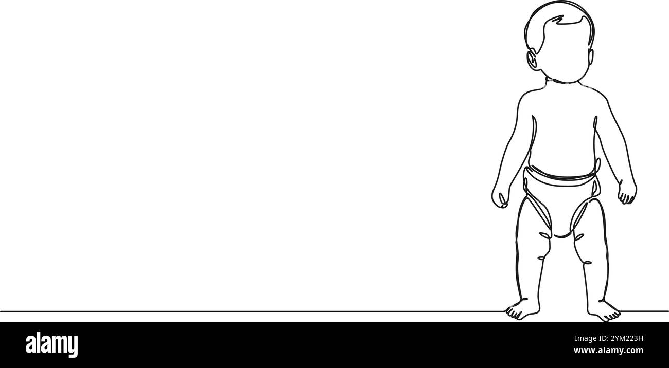 continuous single line drawing of baby in diaper, line art vector ...