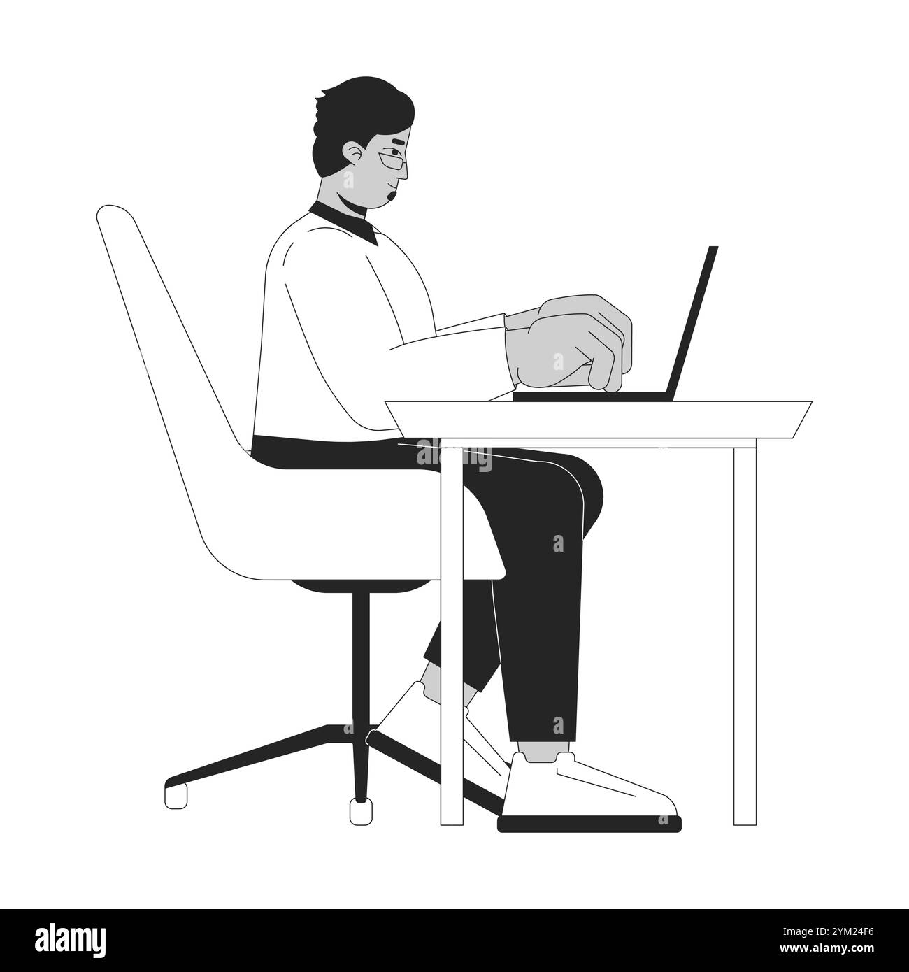Arab man sitting at desk with laptop black and white 2D line character ...