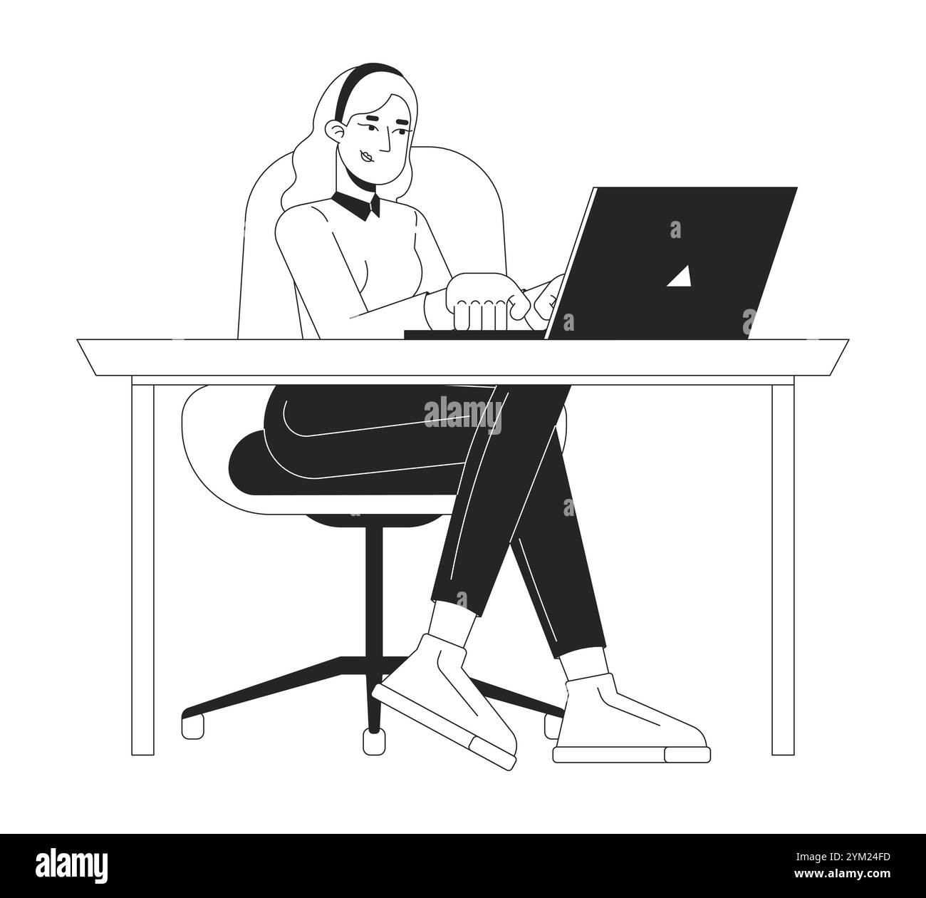 European woman freelancer working on laptop black and white 2D line ...