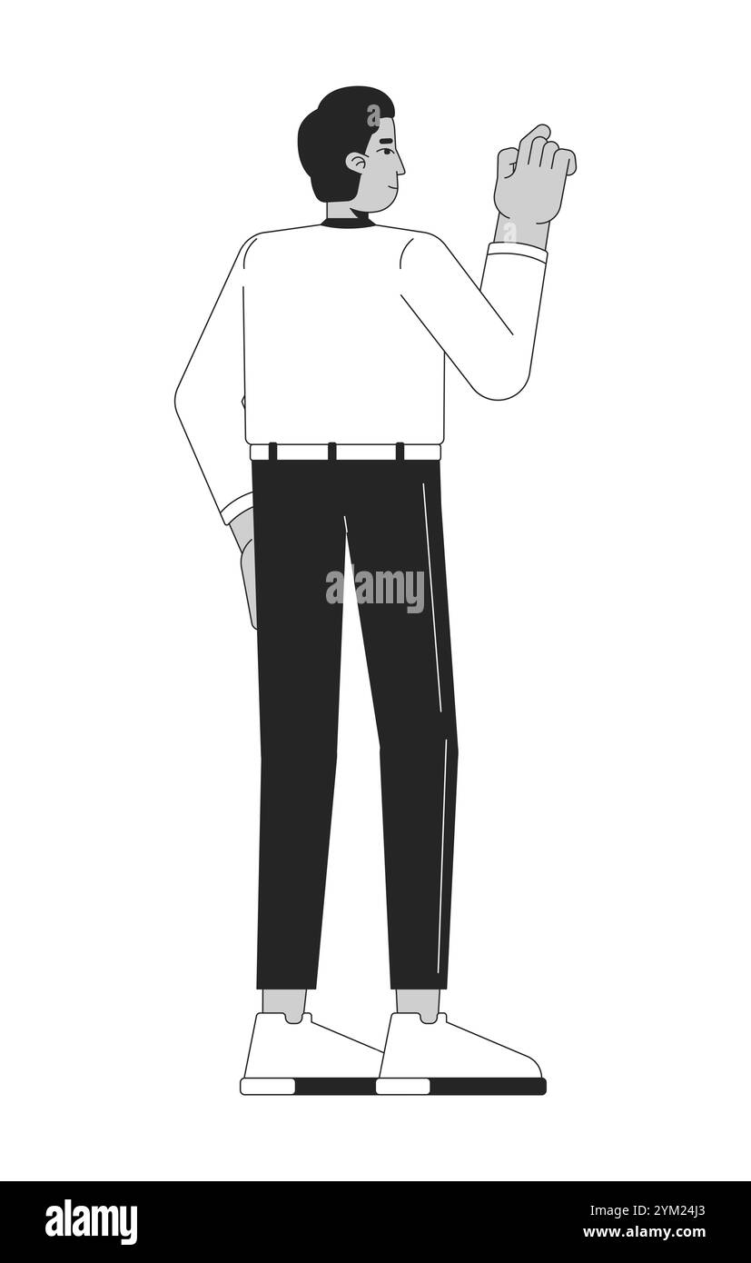 Indian man office worker pointing rear view black and white 2D line ...