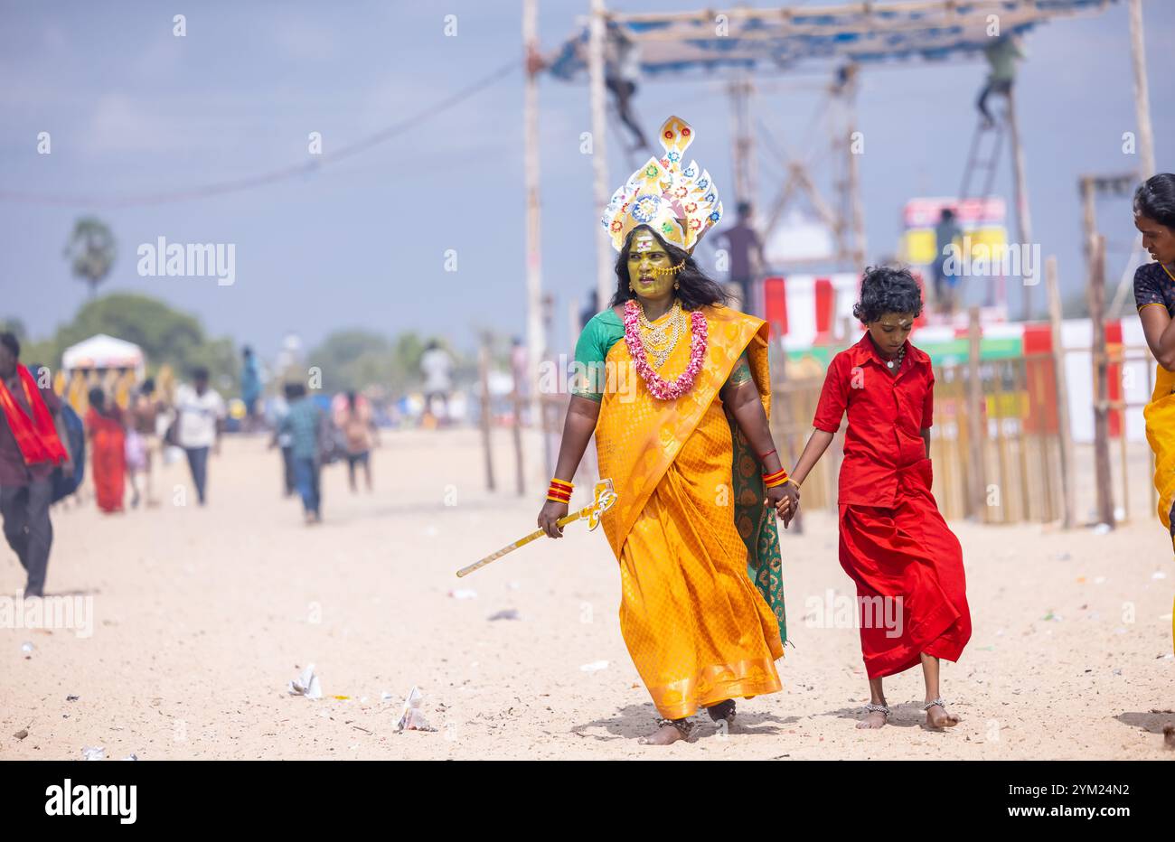 Kulasai Dasara, Portrait of indian hindu devotee with painted face and ...