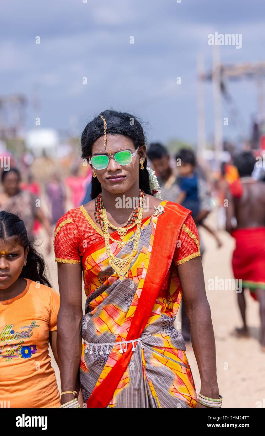 Kulasai Dasara, Portrait of indian hindu devotee with painted face and ...