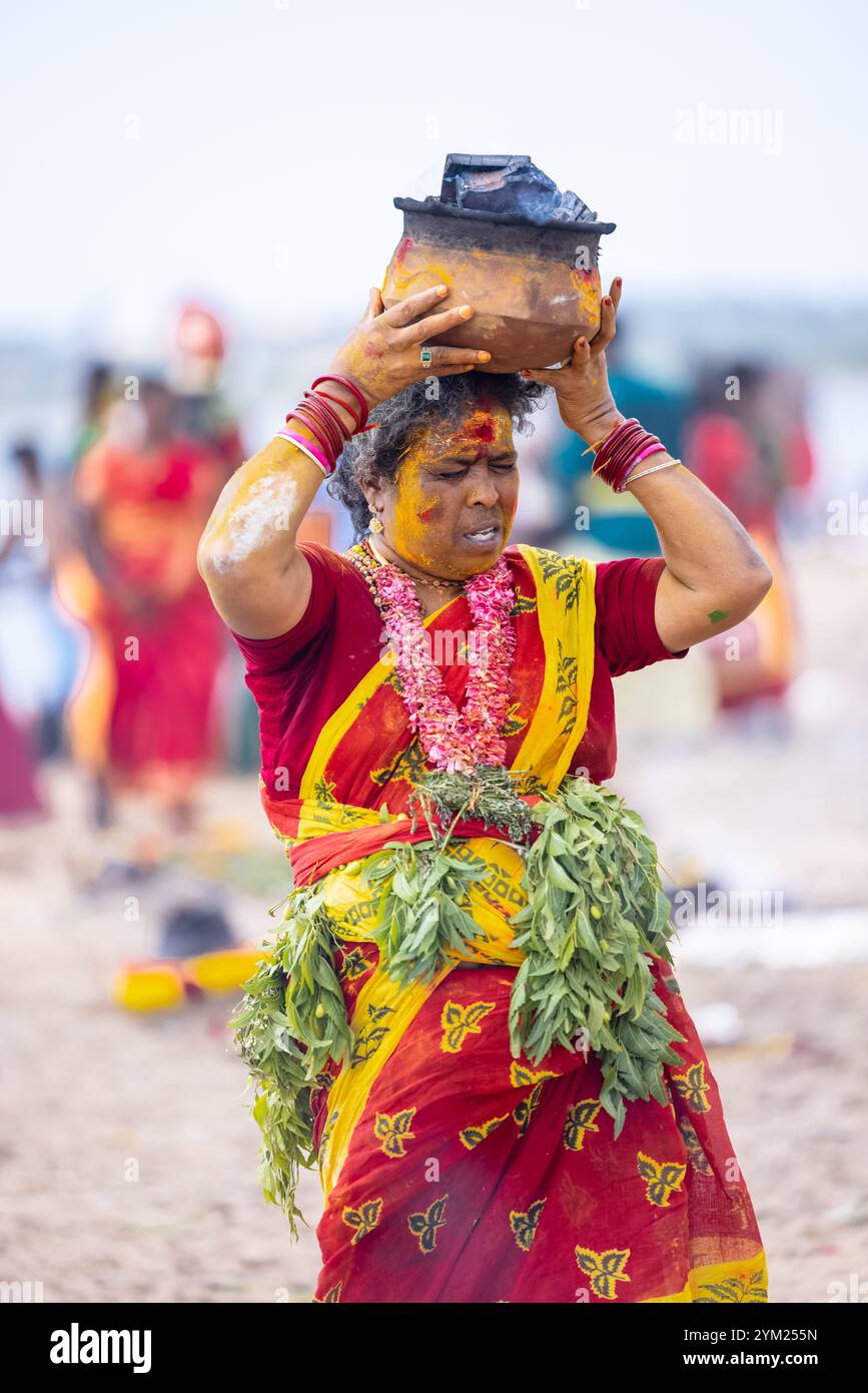 Kulasai Dasara, Portrait of indian hindu devotee with painted face and ...