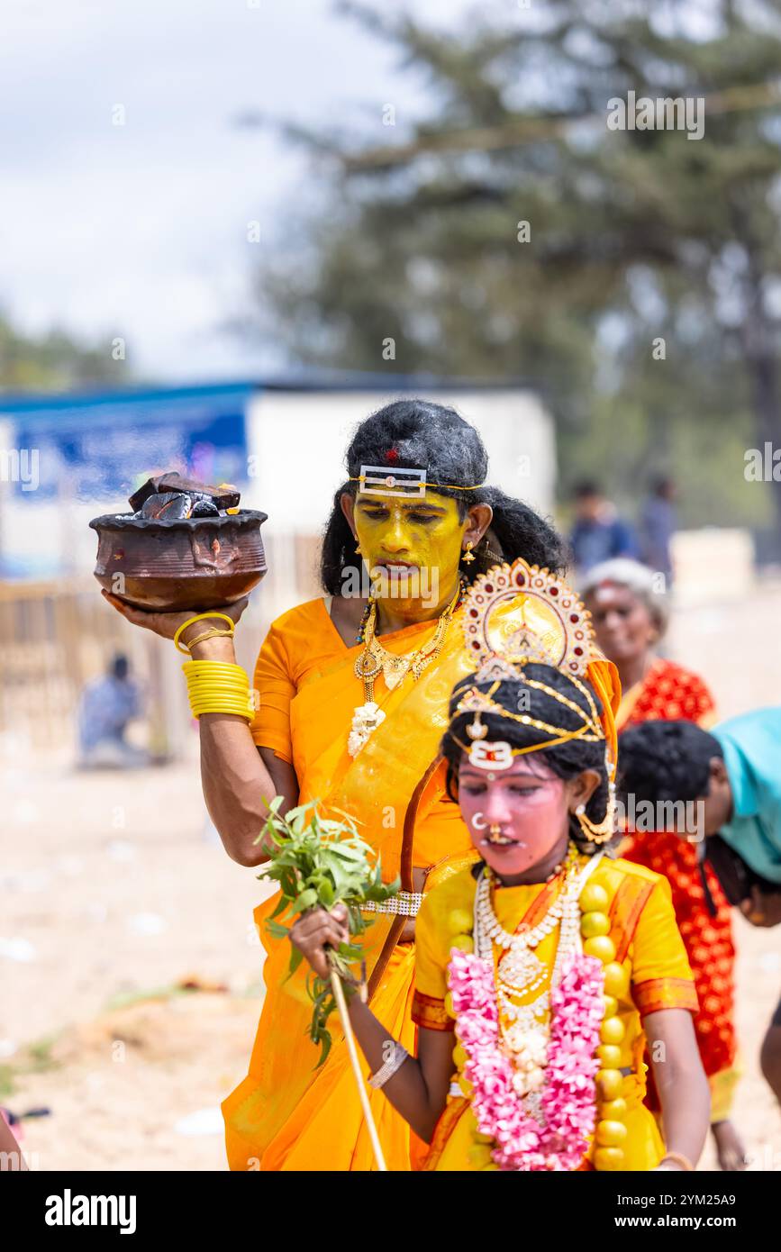 Kulasai Dasara, Portrait of indian hindu devotee with painted face and ...
