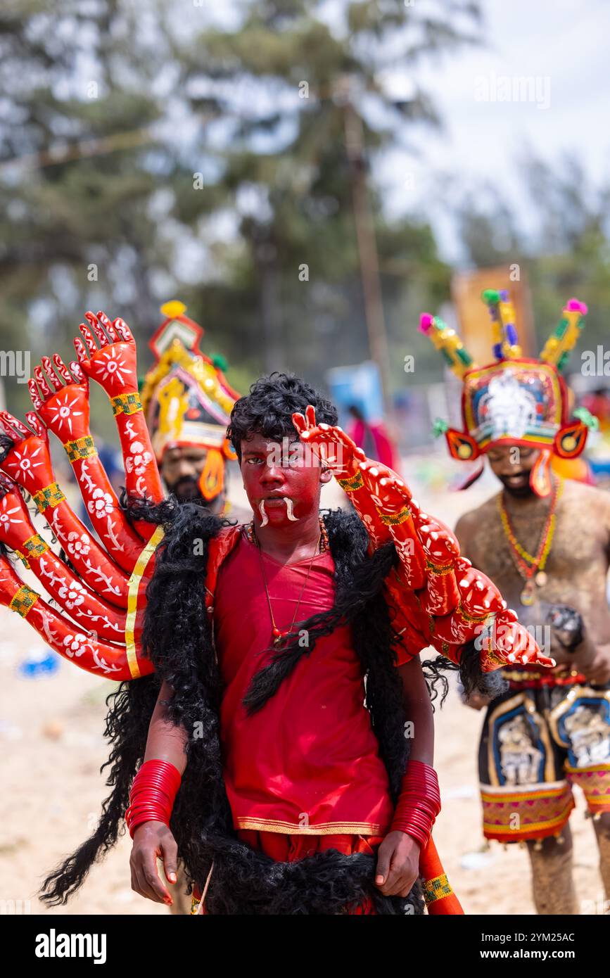 Kulasai Dasara, Portrait of indian hindu devotee with painted face and ...