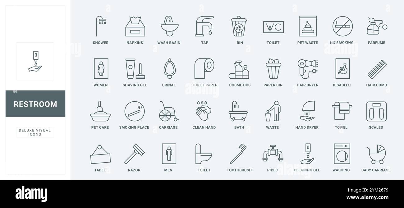 WC and shower pictogram, restroom wayfinding, cleaning tool thin black ...