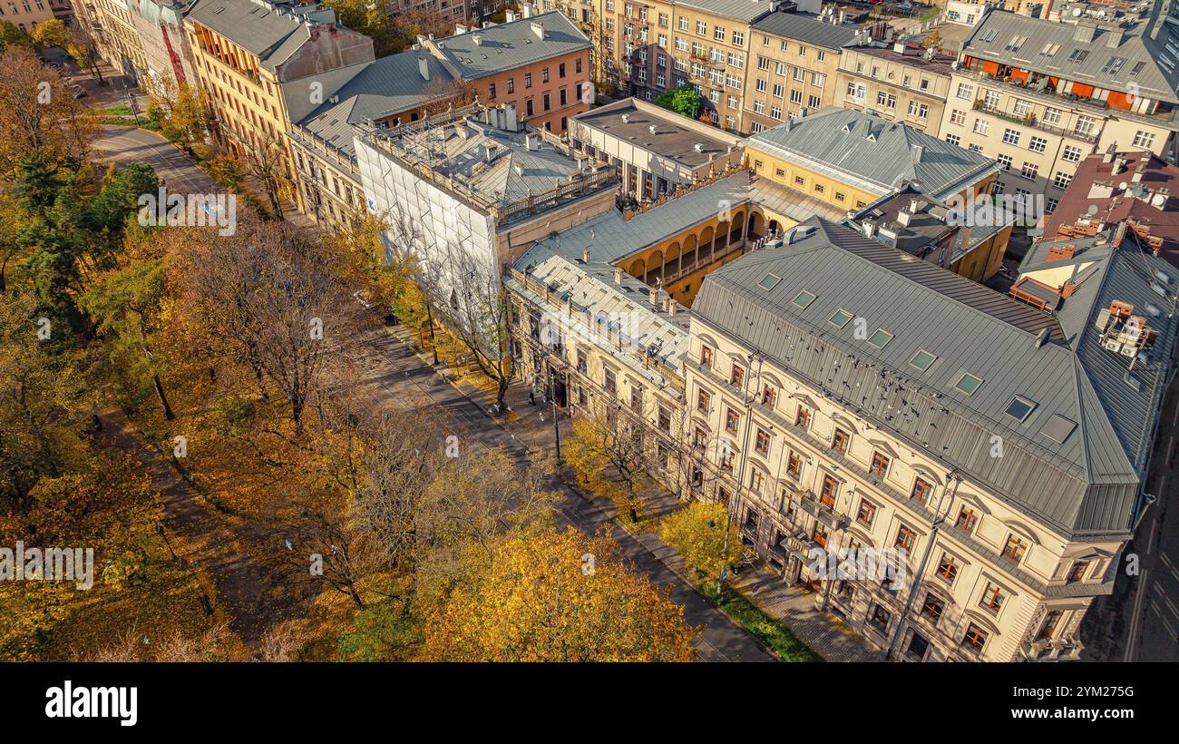 Urban bird's eye view of historic buildings and streets in Polish ...