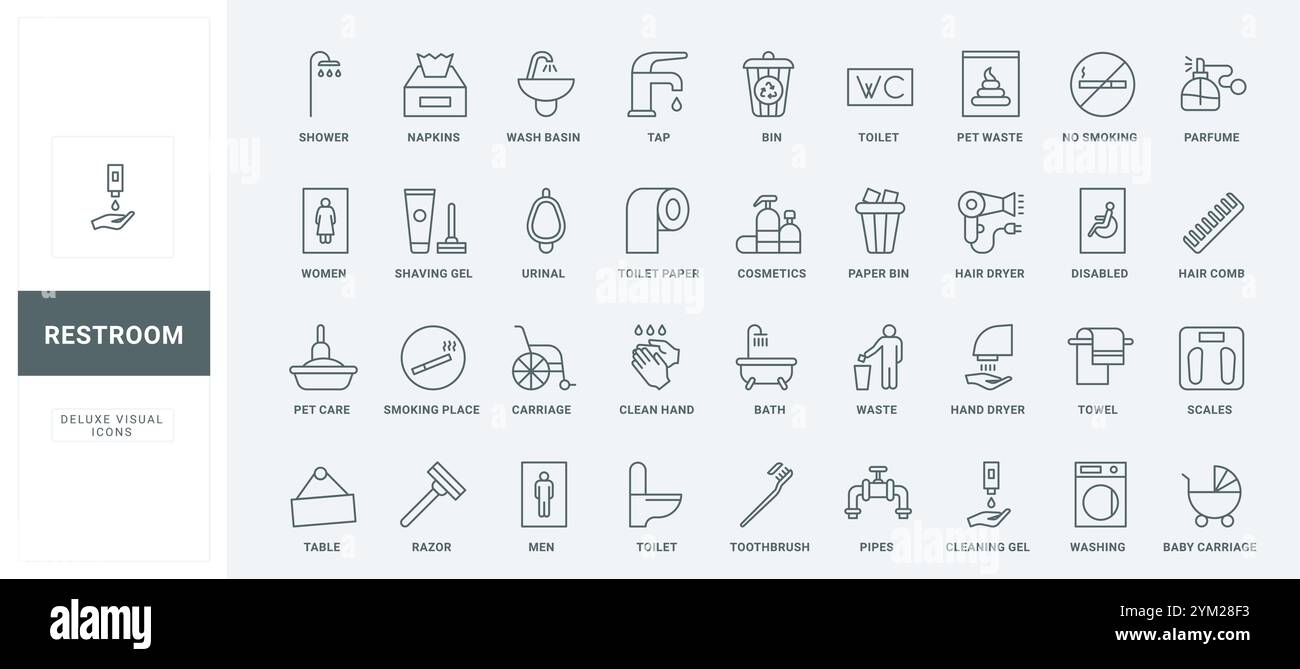 WC and shower pictogram, restroom wayfinding, cleaning tool thin black ...