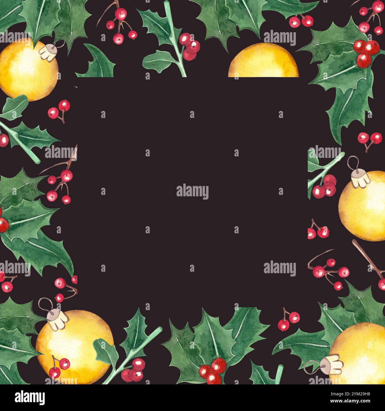 Christmas frame made of holly, Christmas tree decorations, yellow balls ...