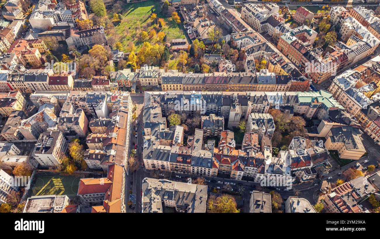 Panoramic photo of city architecture and old residential complexes in ...