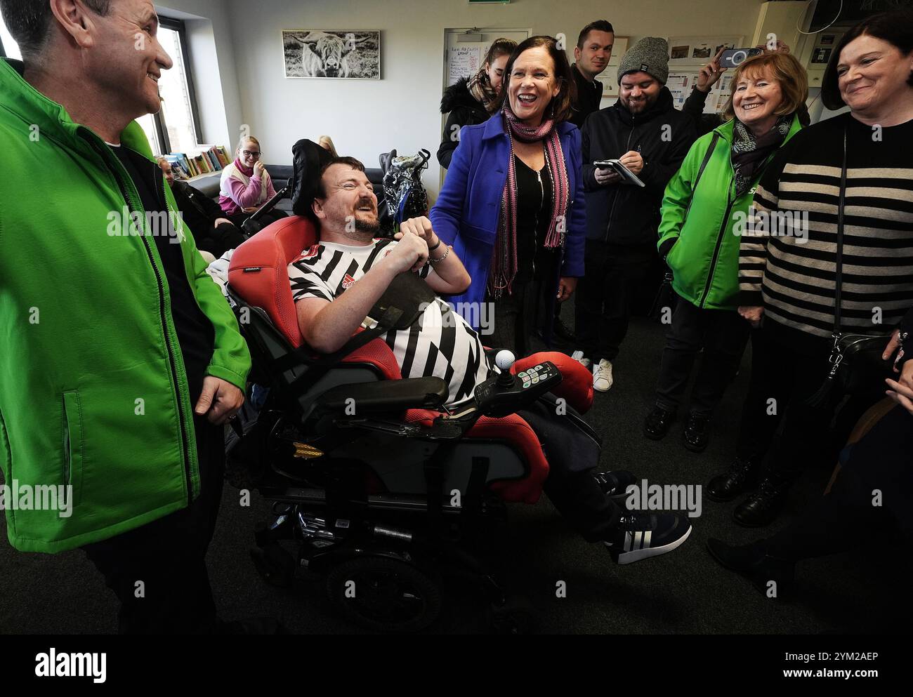 Sinn Fein President Mary Lou McDonald (centre) with service user Shane ...