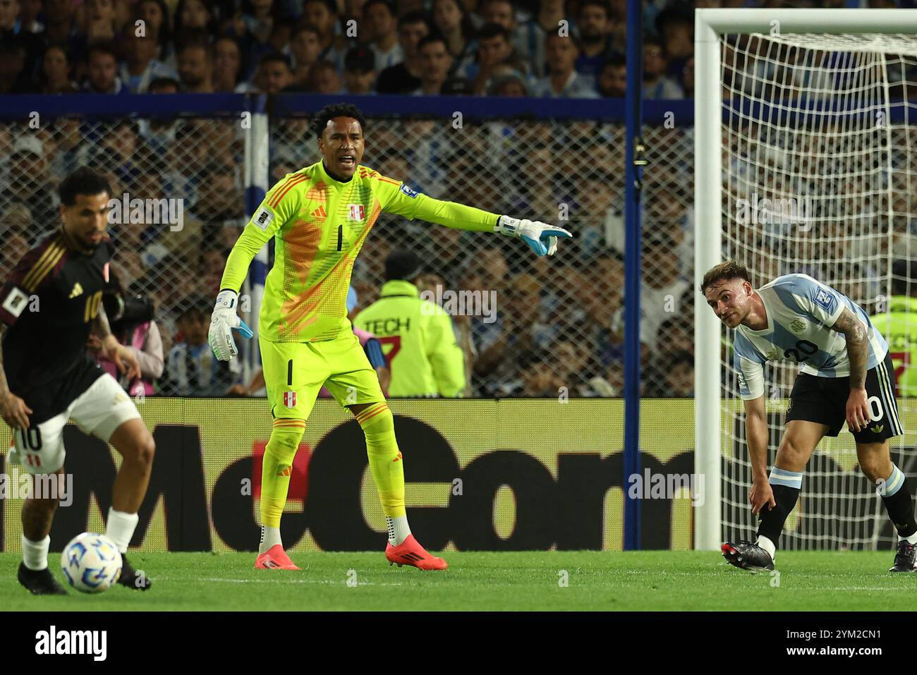 Peru's goalkeeper Pedro Gallese (C) gives instructions during the South ...