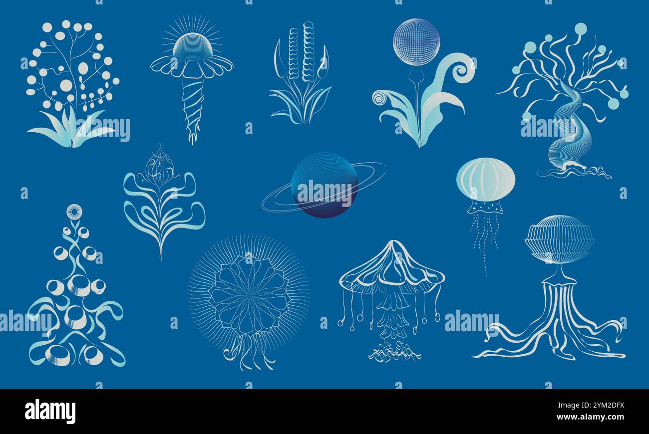 Alien plants. A linear, minimalist vector illustration, a set of ...