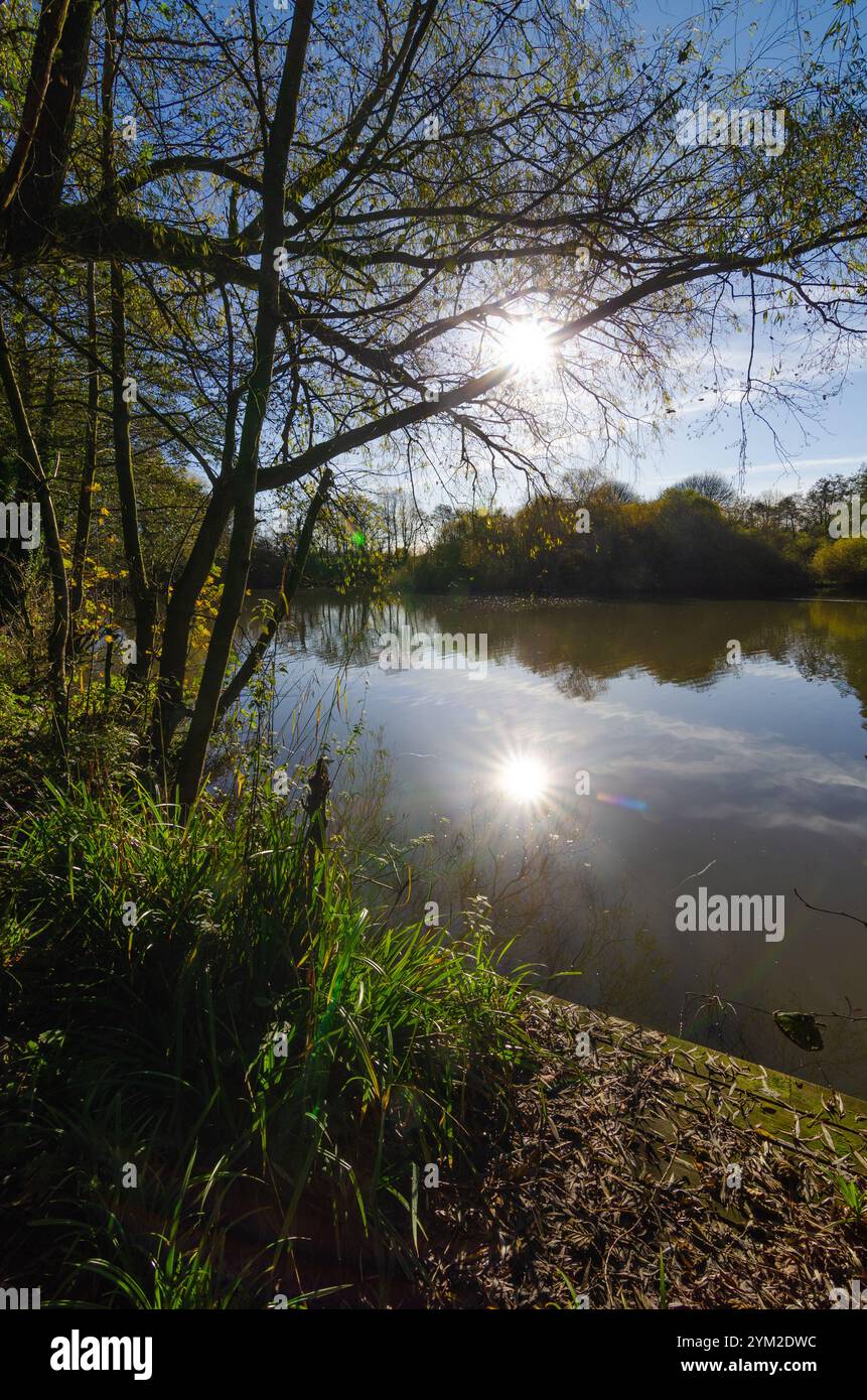 Fishing platform peg in winter with sun reflected on water with sun ...