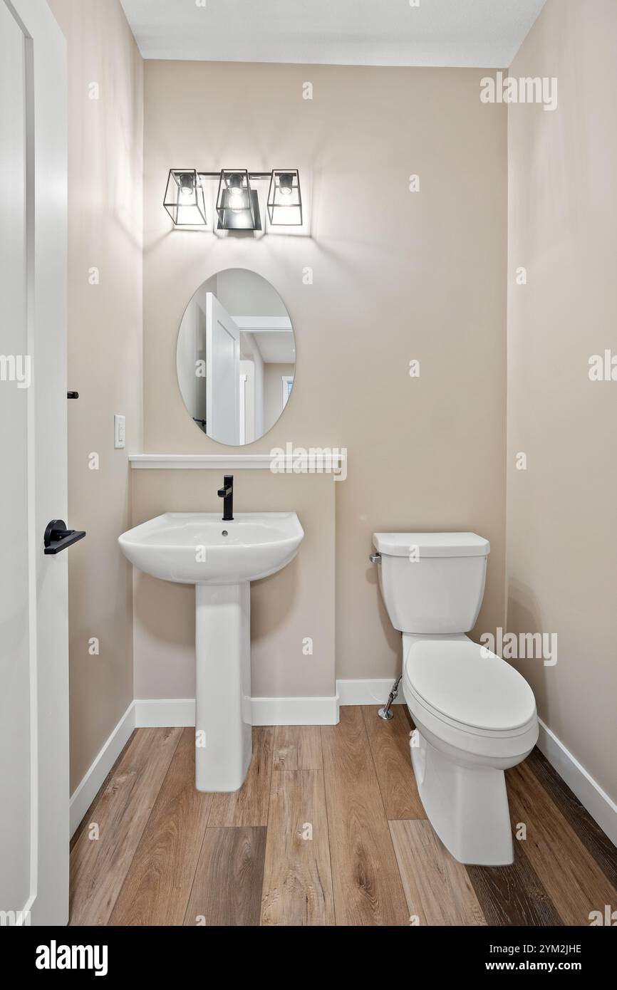 A bathroom with a white toilet and sink. The bathroom is clean and well ...