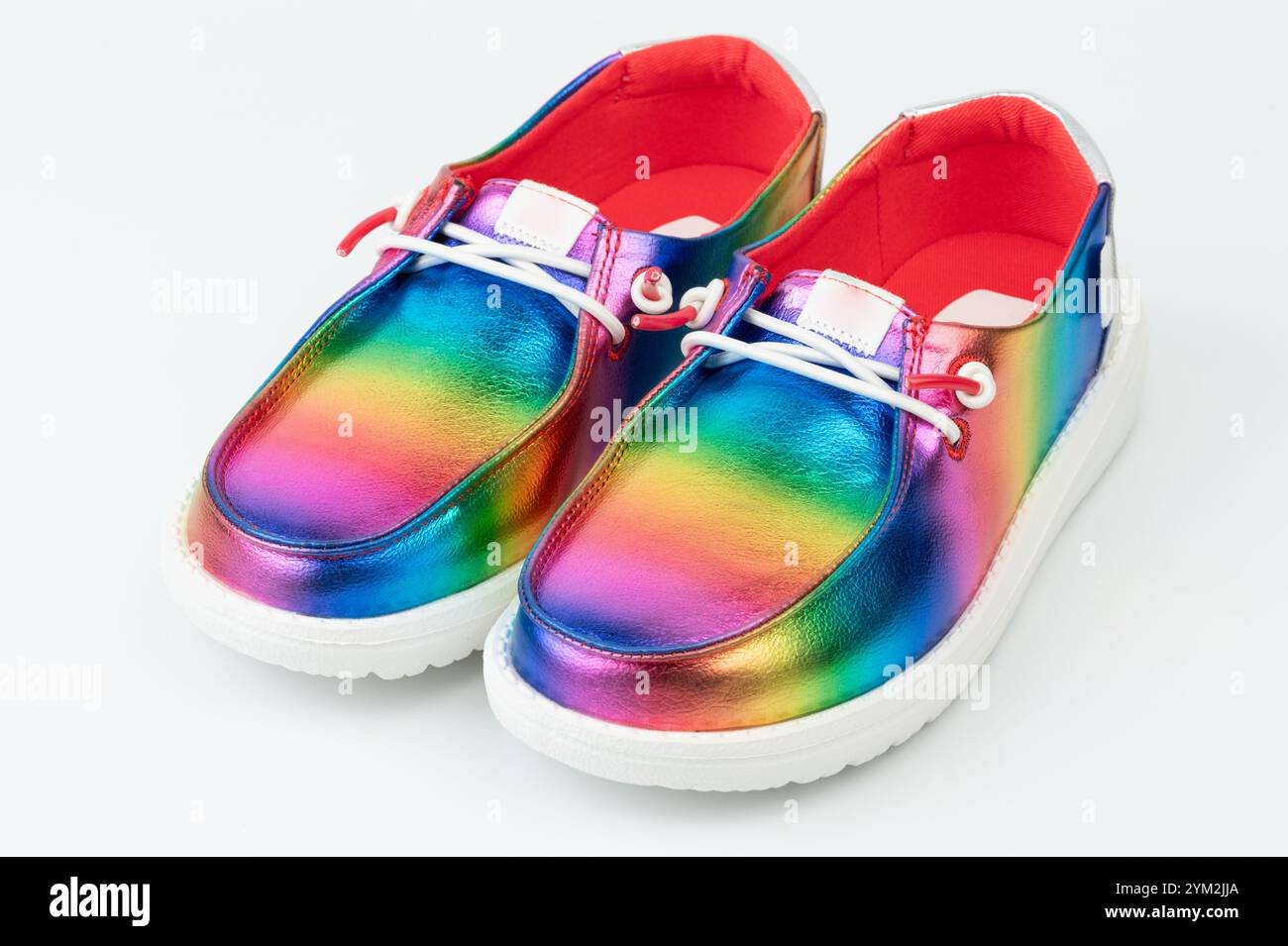 Perspective view on rainbow loafer shoes isolated on white studio ...