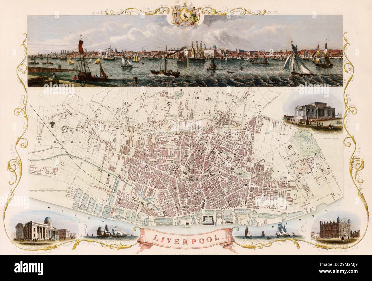 Liverpool, vintage illustrated street map by John Tallis 1851 Stock ...