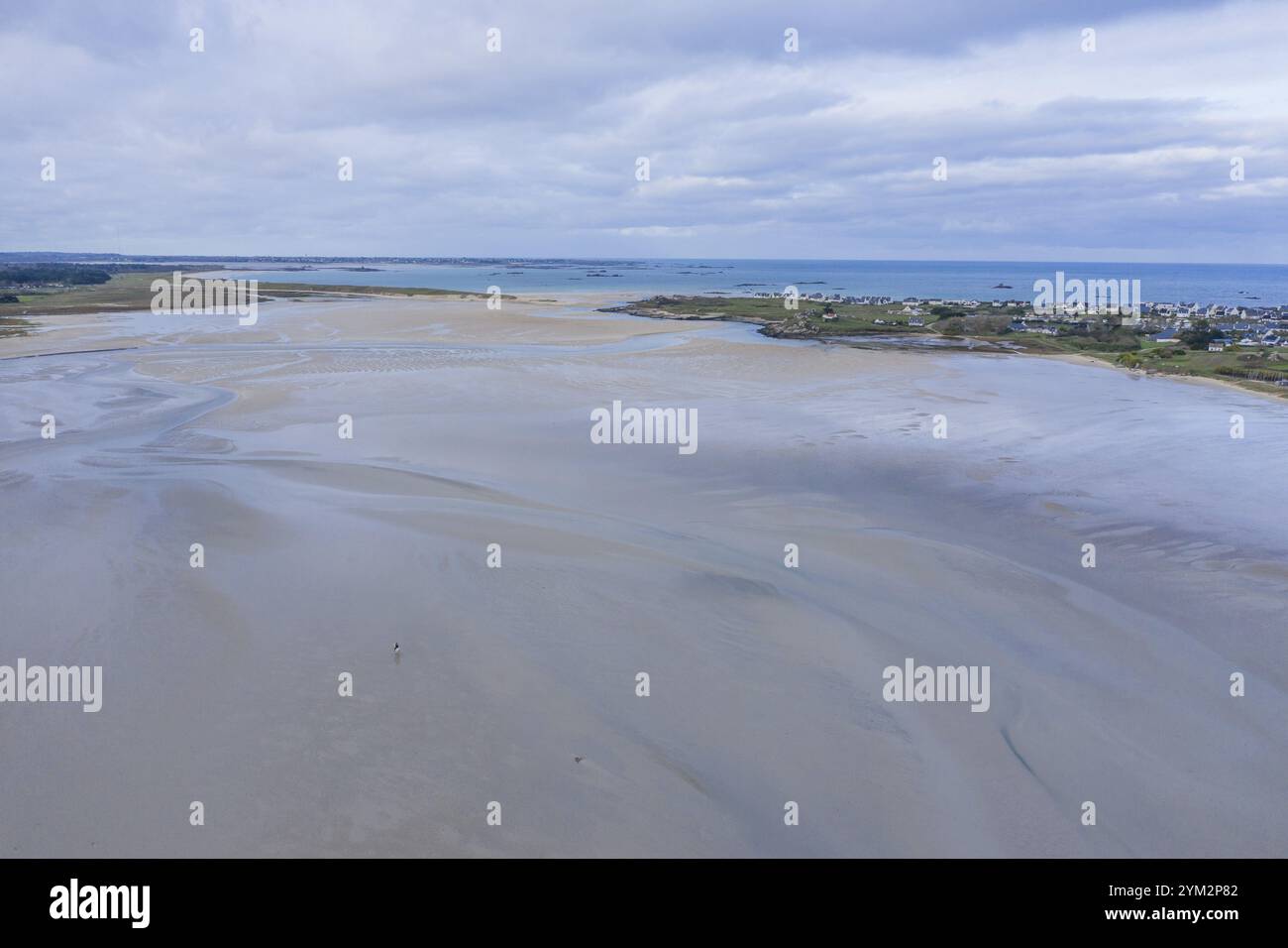 Aerial view Baie du Kernic bay on the English Channel at low tide ...