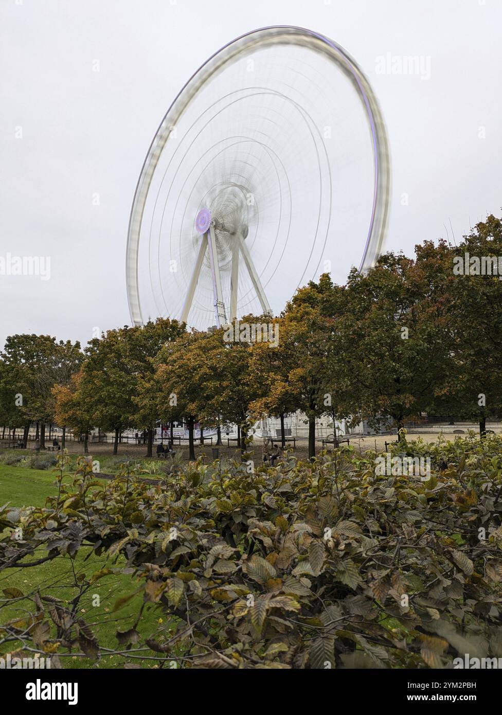 Ferris wheel spinning behind a row of trees on a cloudy day. Paris ...