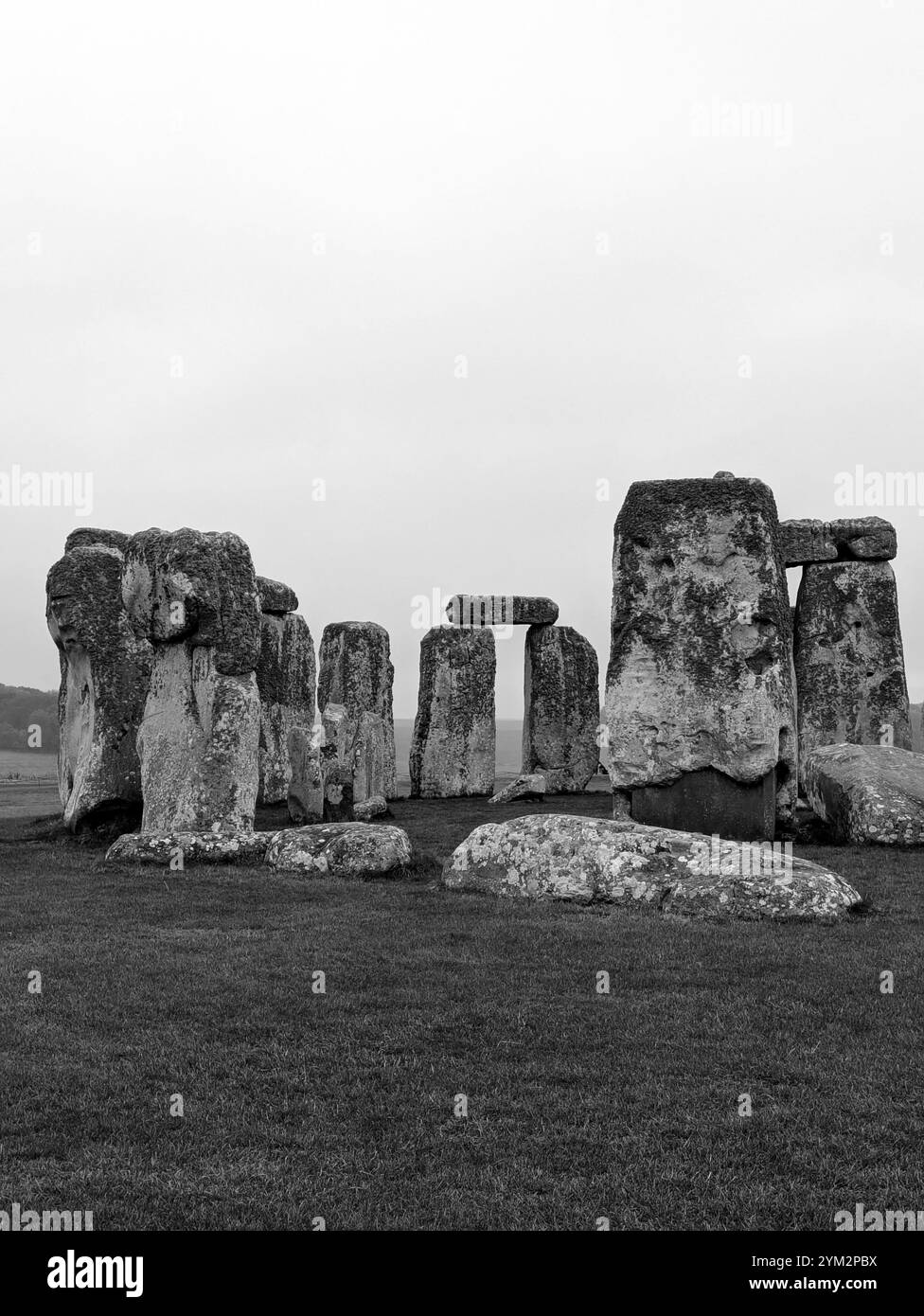 Close-up black and white view of Stonehenge, focusing on its ancient ...