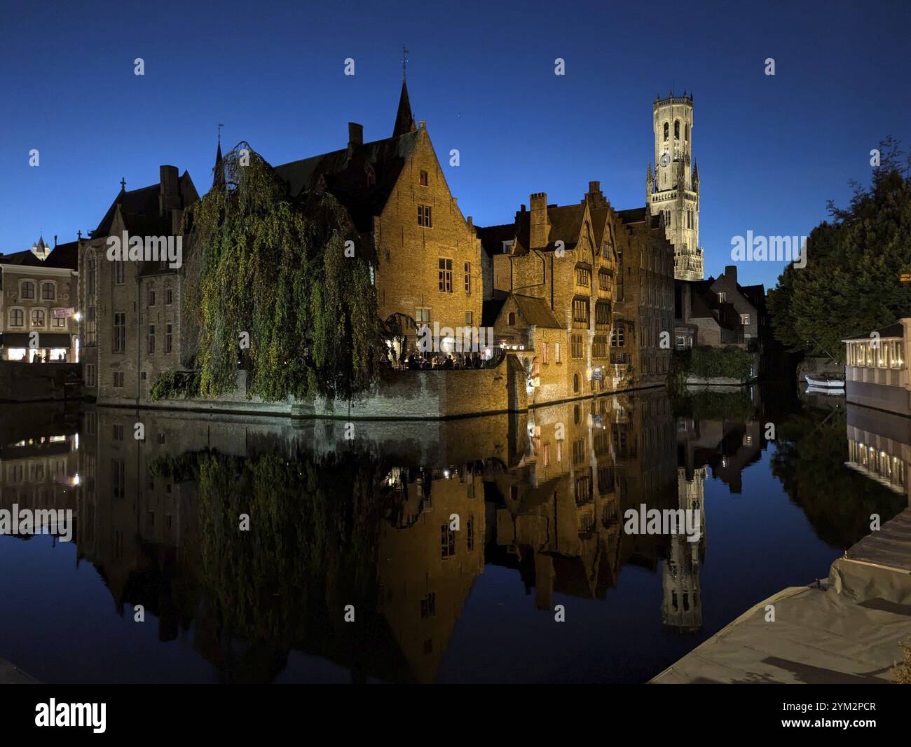 Night scene with medieval buildings and a tower lit up, mirrored in the ...