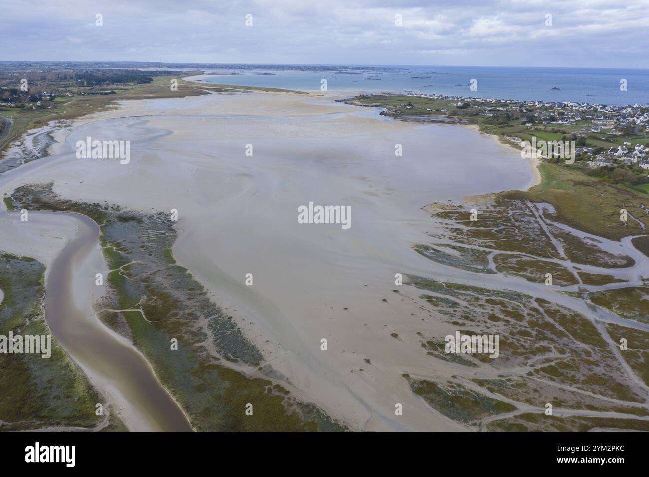 Aerial view Baie du Kernic bay on the English Channel at low tide, sandbanks, Plouescat, Leon ...