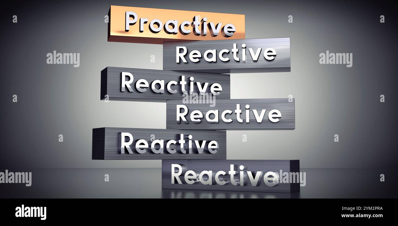 Proactive and reactive - words on metal blocks - 3D illustration Stock ...