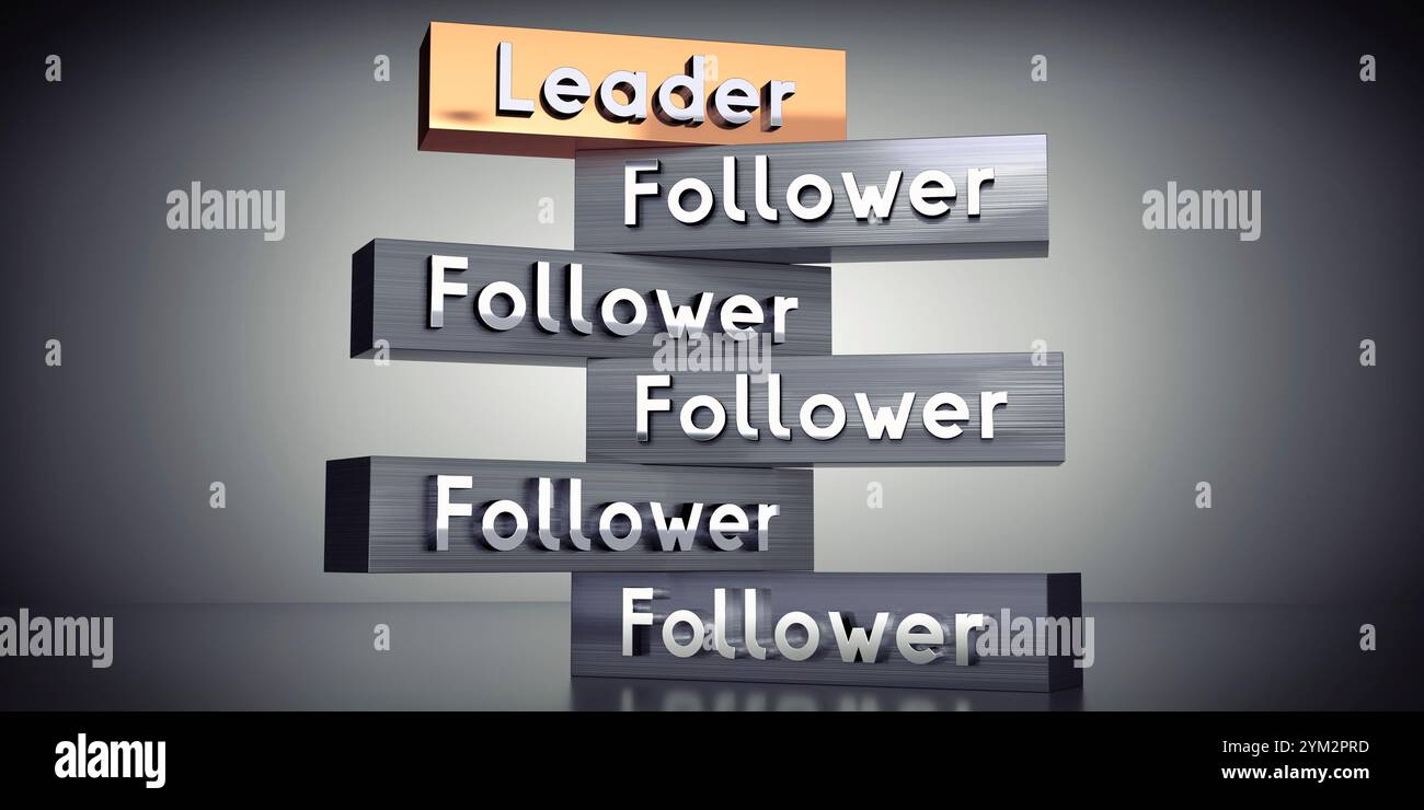 Leader and follower - words on metal blocks - 3D illustration Stock ...