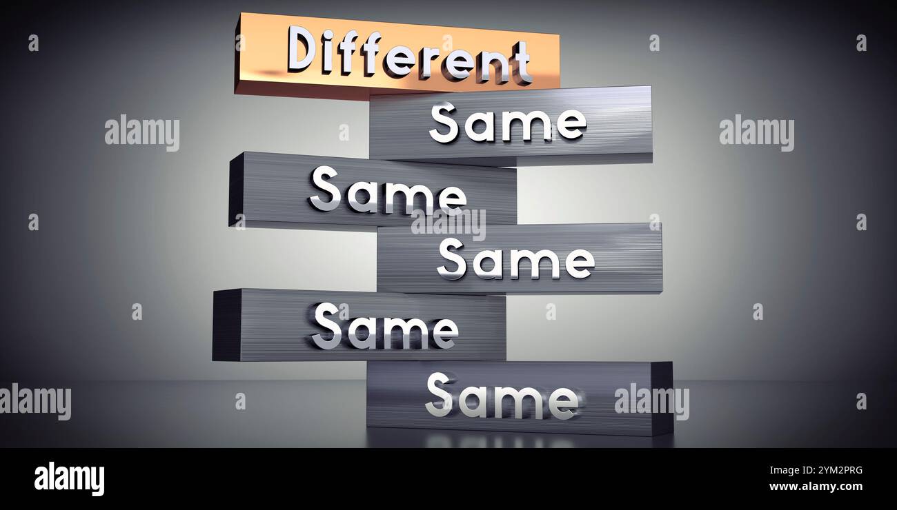 Same and different - words on metal blocks - 3D illustration Stock ...