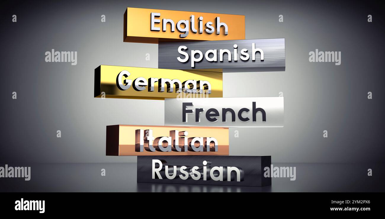 English, Spanish, German, French, Italian, Russian - words on metal ...