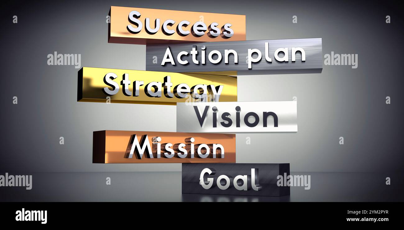 Success, action plan, strategy, vision, mission, goal - words on metal ...