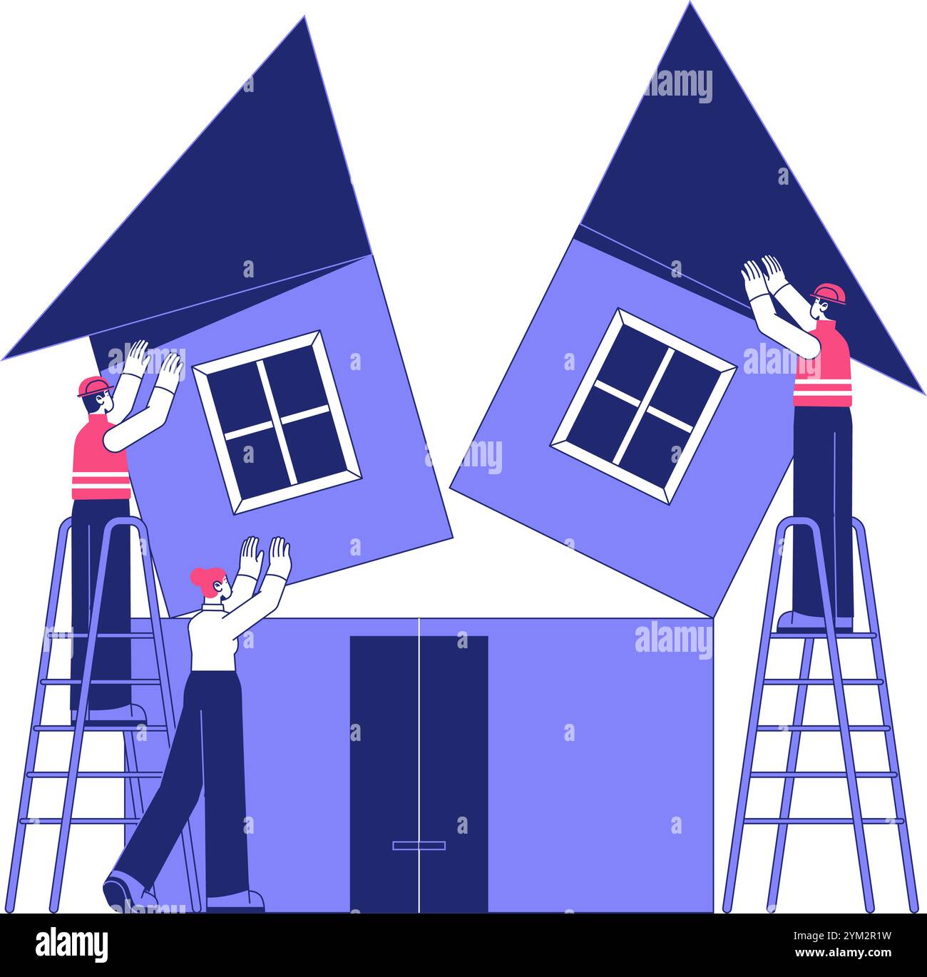 Workers Assembling Prefabricated House On Ladders In Flat Vector ...